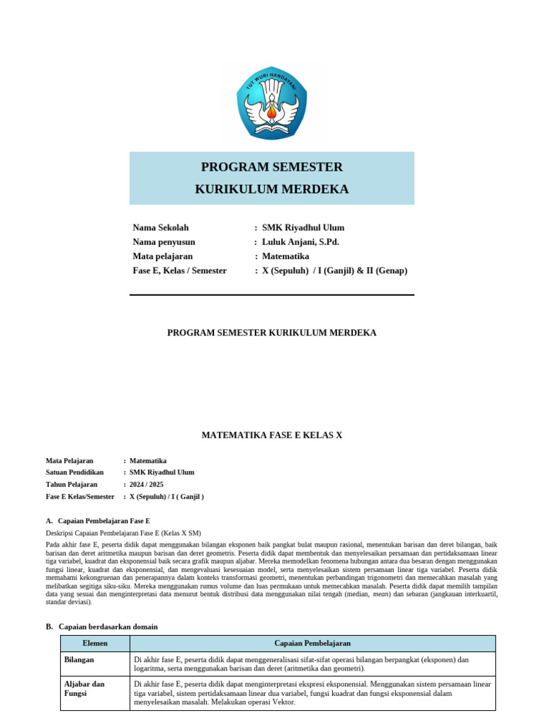 Promes MTK X SMT 1-2 Kurikulum Merdeka | PDF
