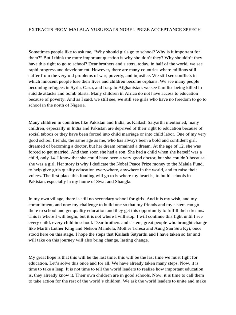 Malalai Extracts Nobel Prize Speech | PDF