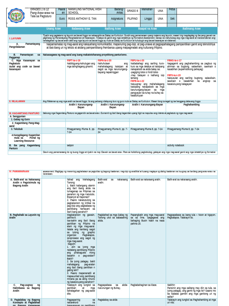 Grade 8 Q1 Week 1 Filipino | PDF