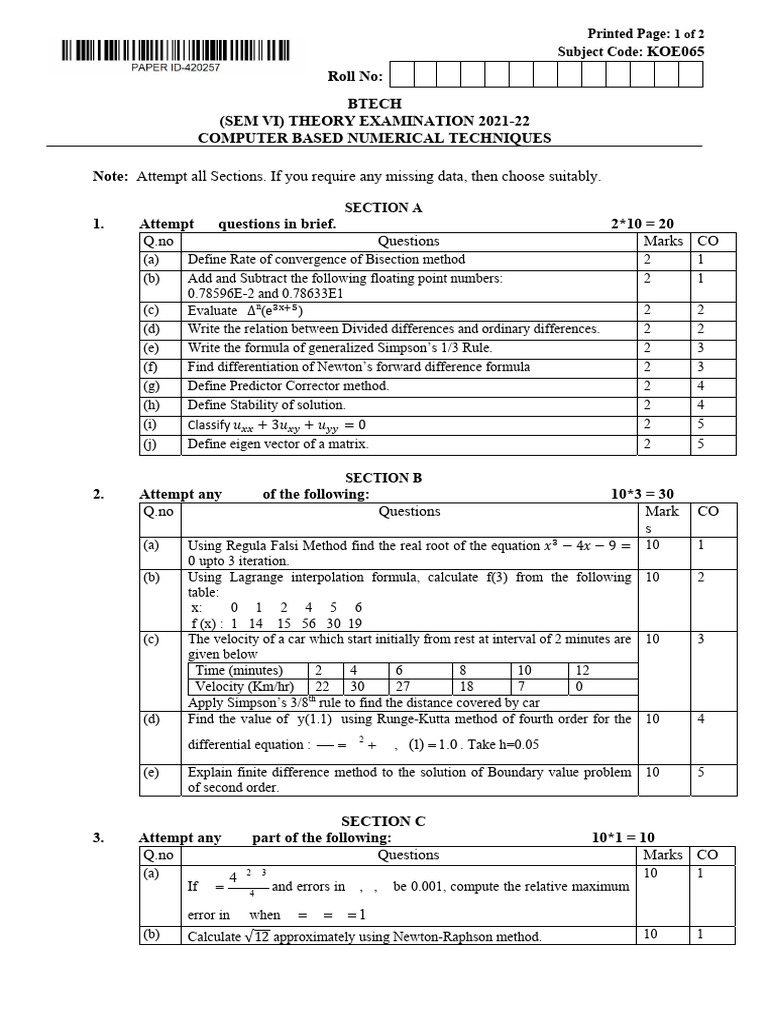 Computer Based Numerical Techniques Koe065 | PDF