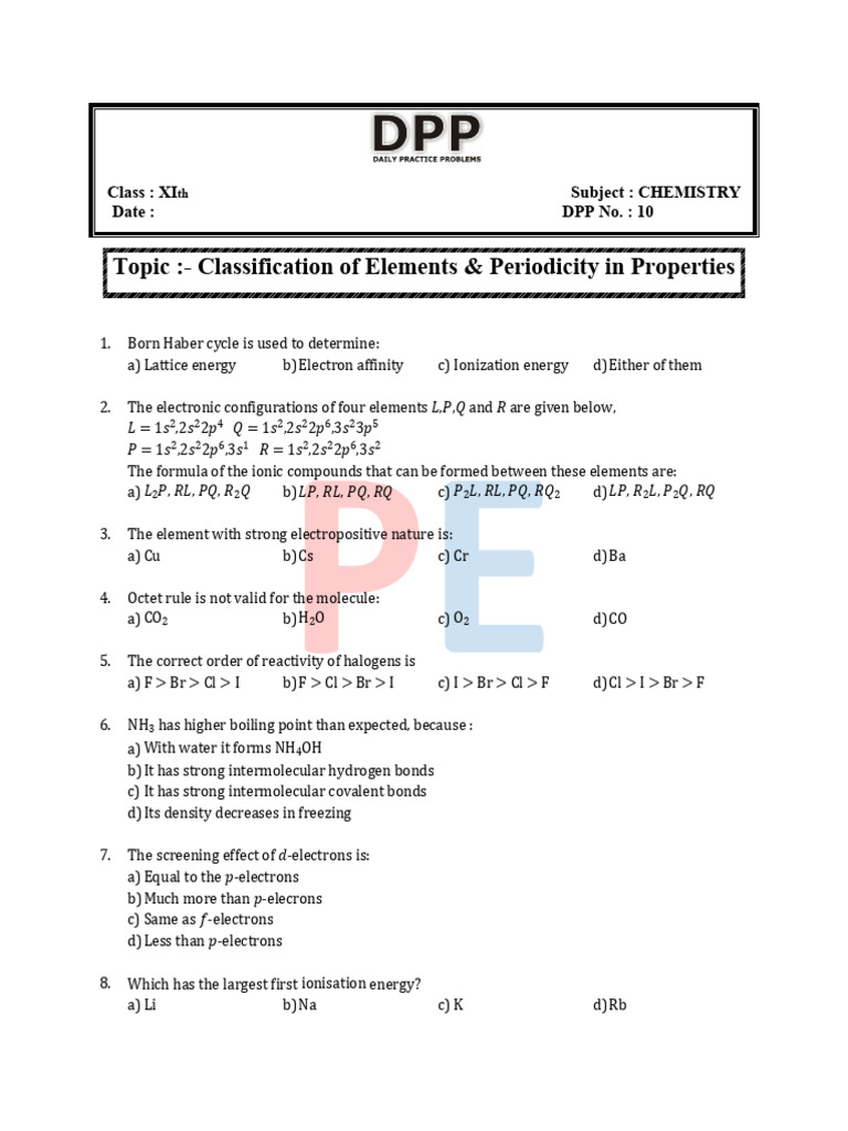 Classification of Elements and Periodicity in Properties DPP 10 | PDF