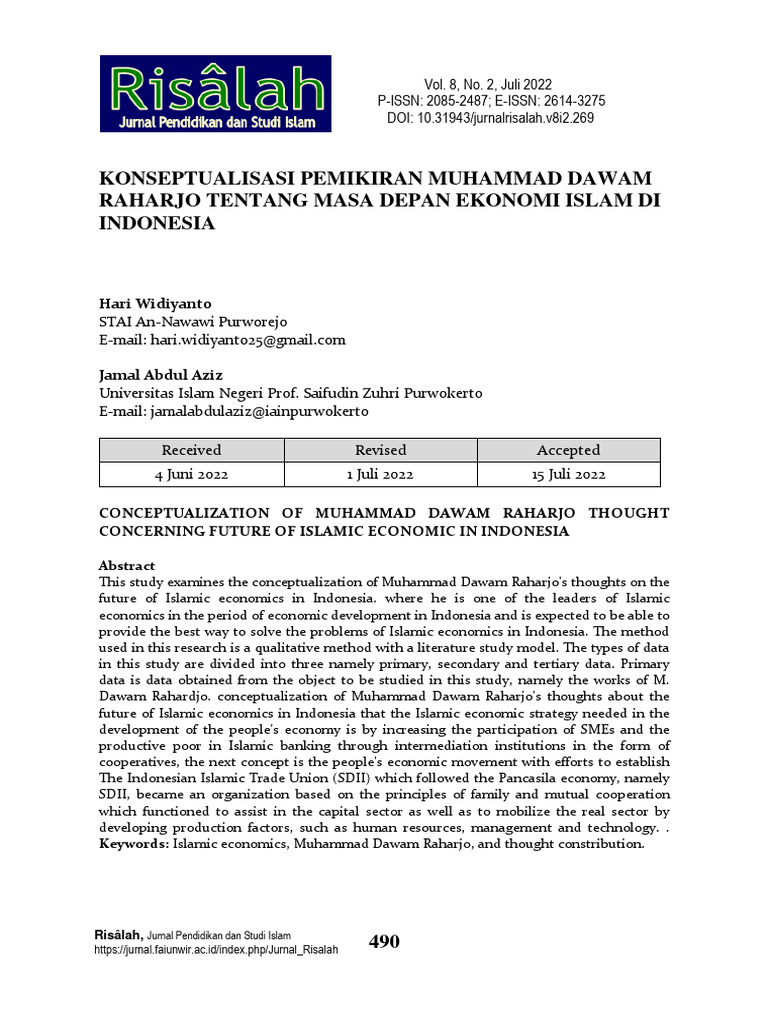 2022 - Konseptualisasi Pemikiran M. Dawam Rahardjo Tentang Masa Depan Ekonomi Islam Di Indonesia ...
