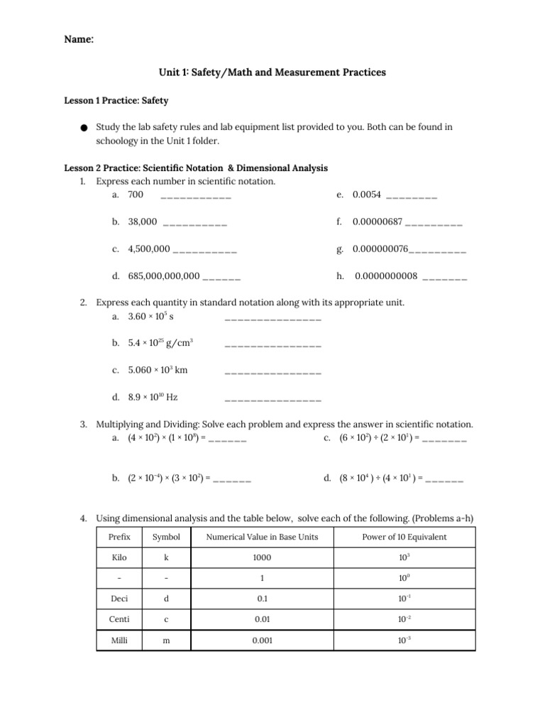 Unit 1 Practices - Safety - Math and Measurement (Core) | PDF ...