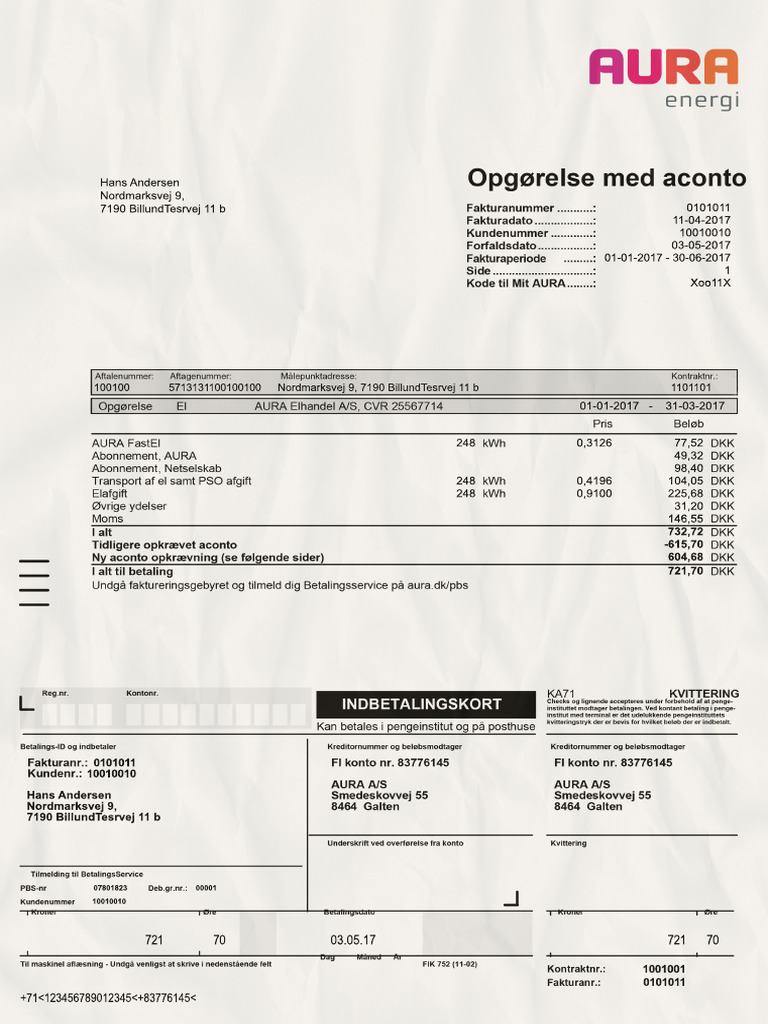 Denmark Aura Energi Utility Bill Template | PDF