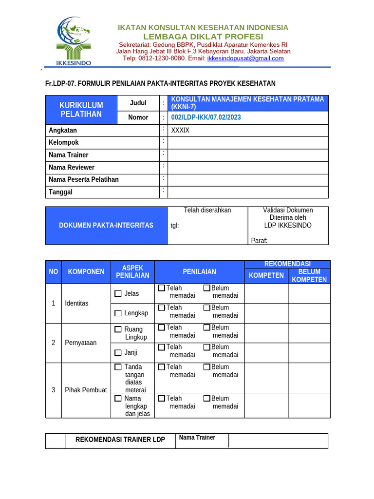 LDP 07. Penilaian Pakta Integritas Proyek Kesehatan V.2 | PDF
