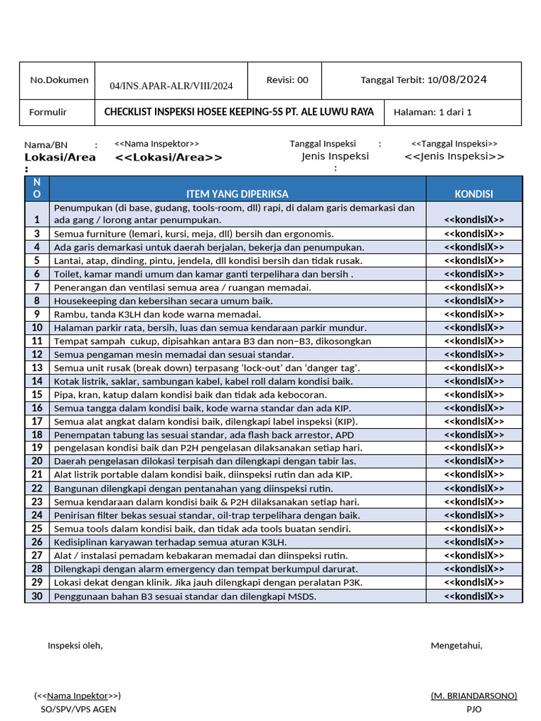 E-Form Ceklis Inspeksi 5s-Hosekeeping | PDF