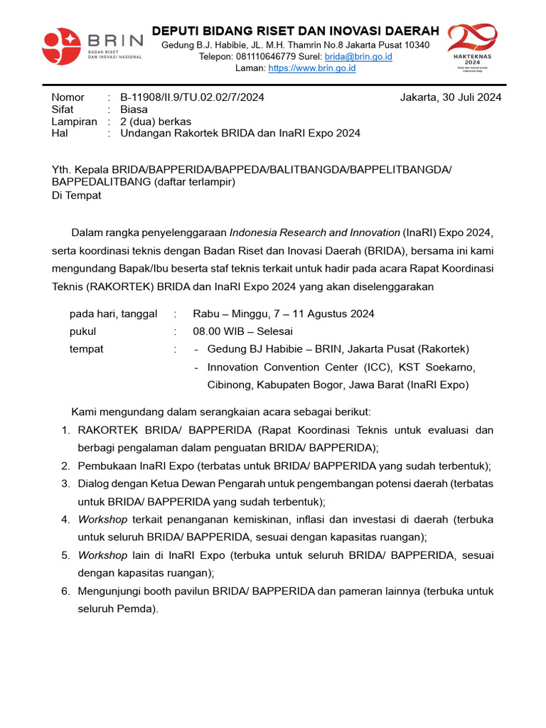 Undangan RAKORTEK Dan INARIE 2024 - Fix | PDF