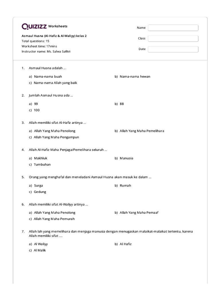QZ - Asmaul Husna (Al-Hafiz & Al-Waliyy) Kelas 2 | PDF
