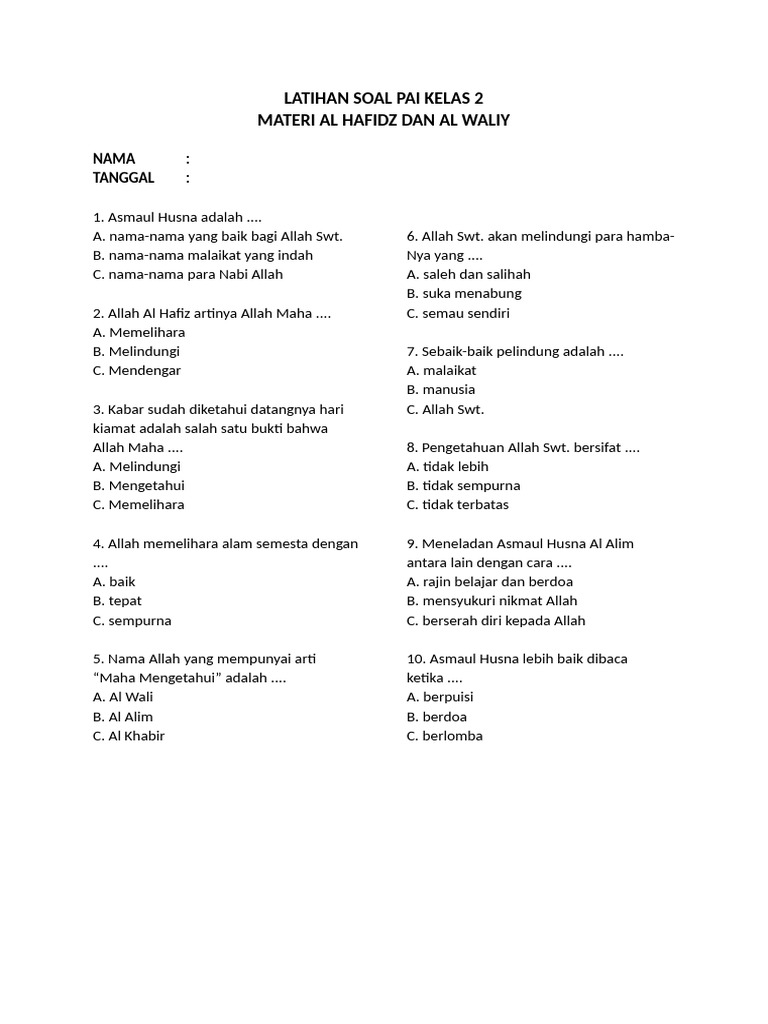 Latihan Soal Pai Kelas 2 - Al Hafiz Al Waliy | PDF