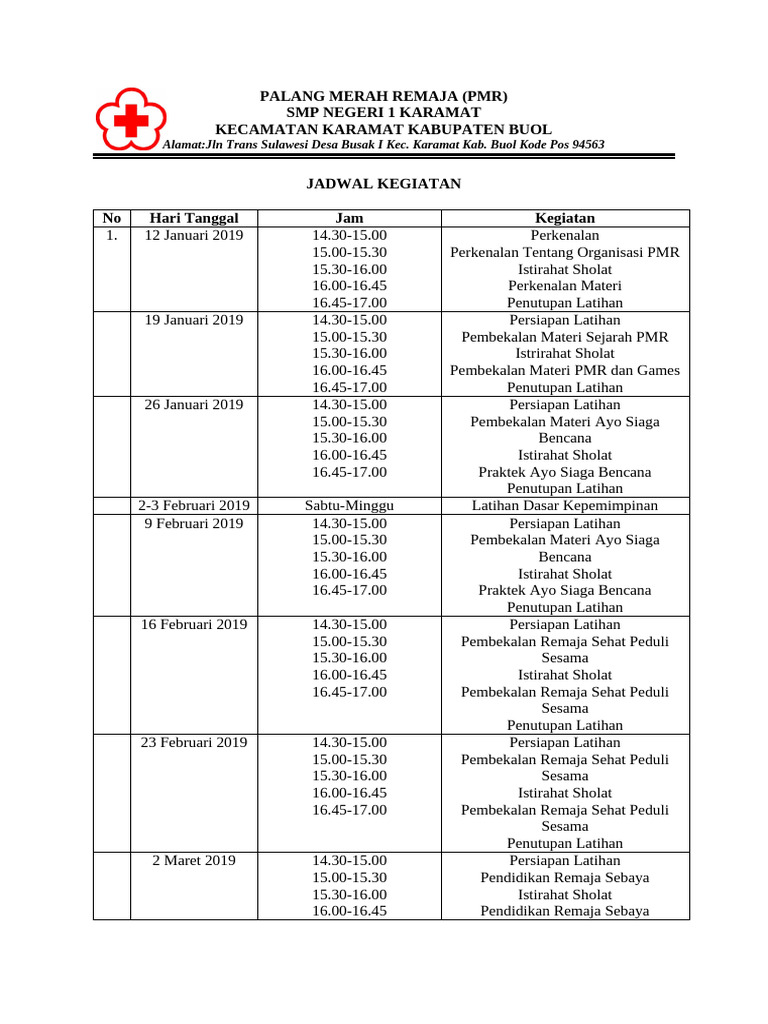 Jadwal Kegiatan PMR Bulanan | PDF