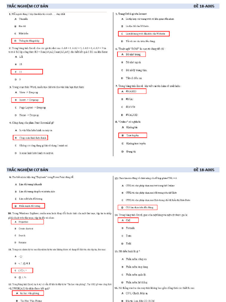 Trắc Nghiệm Cơ Bản ĐỀ 18-A005 | PDF