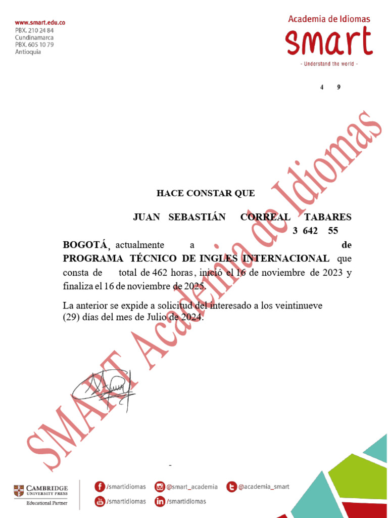 Certificado Smart Academia de Idiomas | PDF