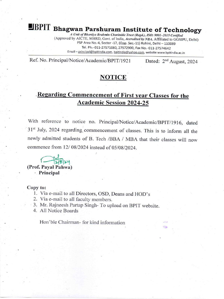 Notice For First Year Classes Compressed | PDF