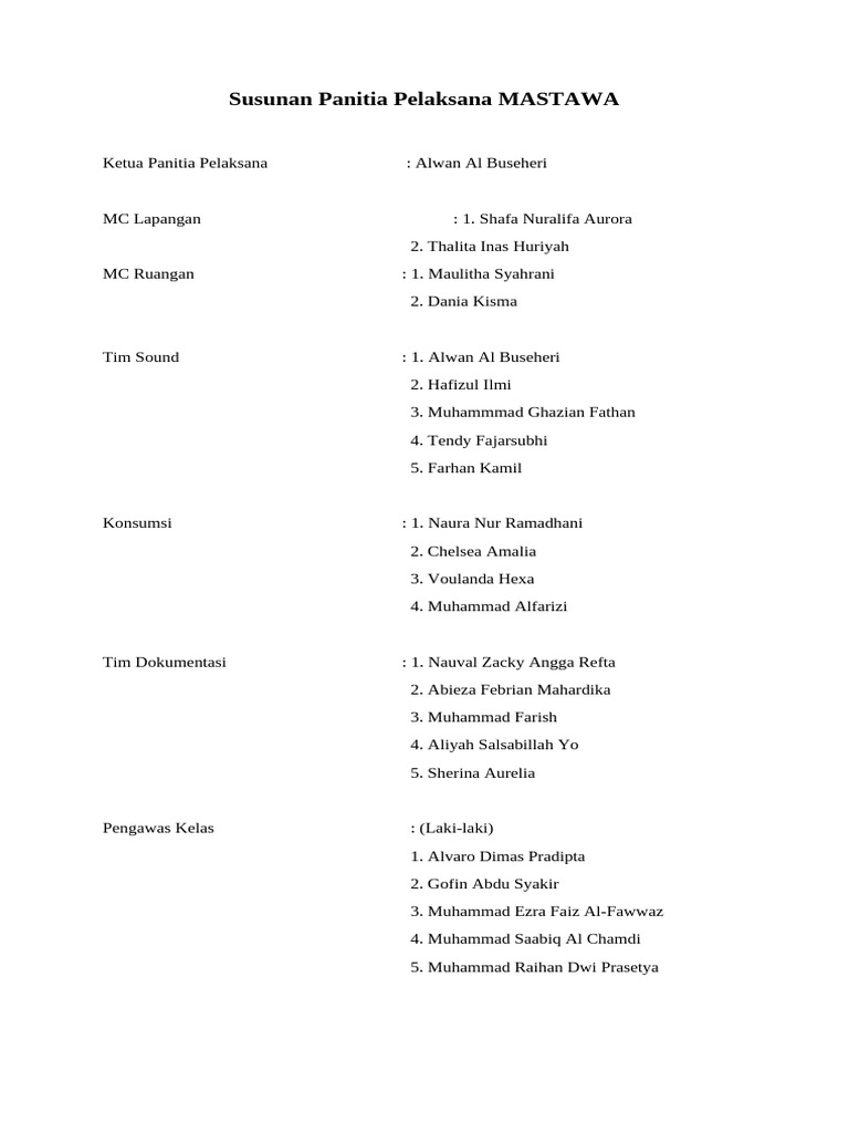 Susunan Panitia Pelaksana MASTAWA REMAKE | PDF