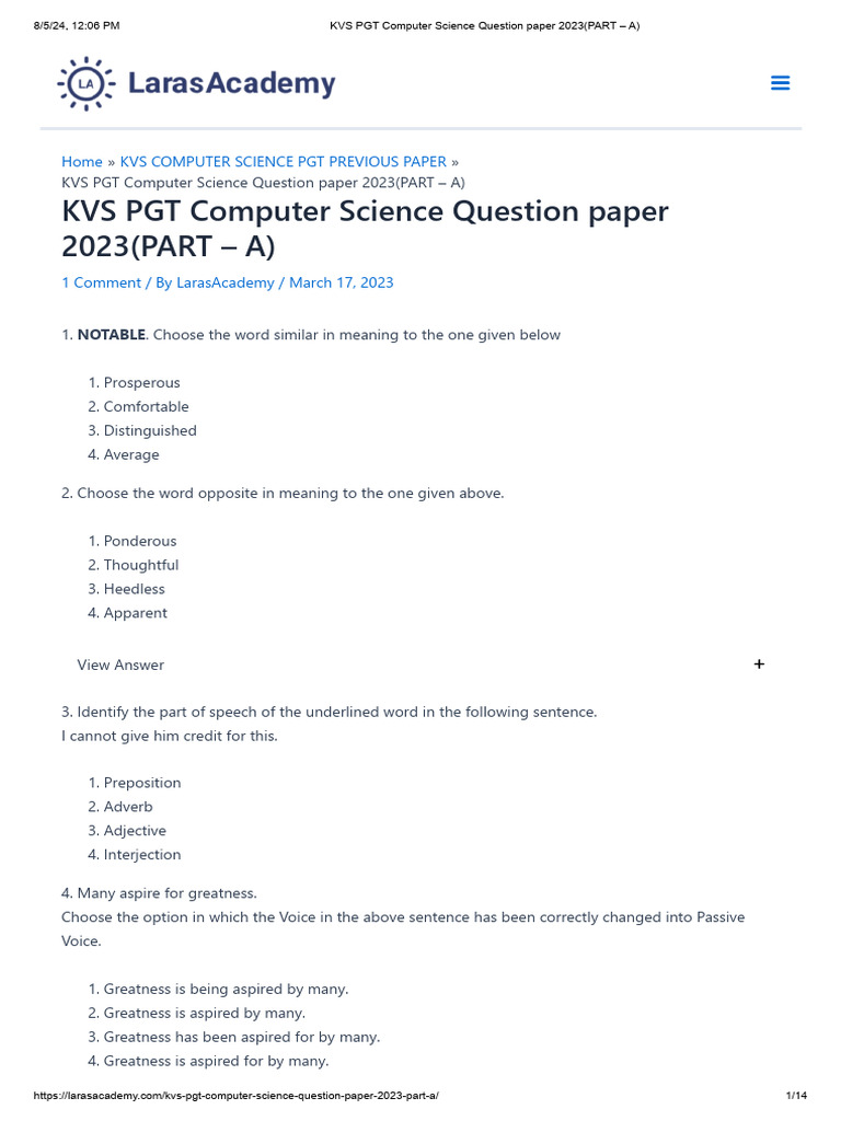 KVS PGT Computer Science Question Paper 2023 (PART - A) | PDF