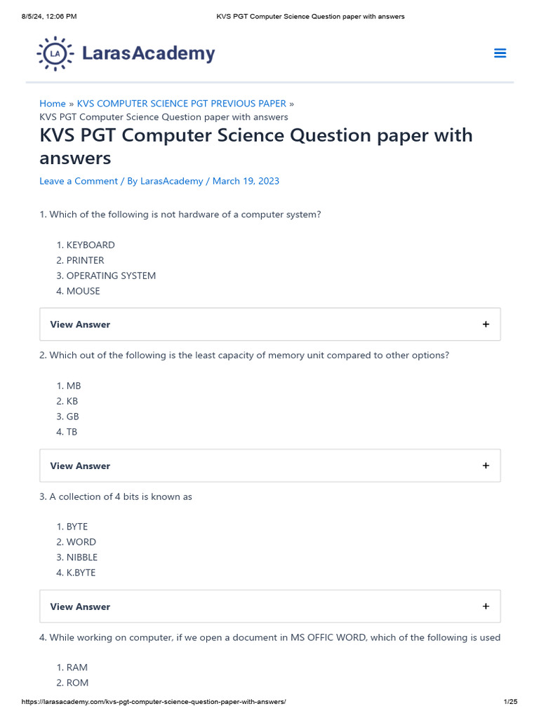 KVS PGT Computer Science Question Paper With Answers - PART - B | PDF
