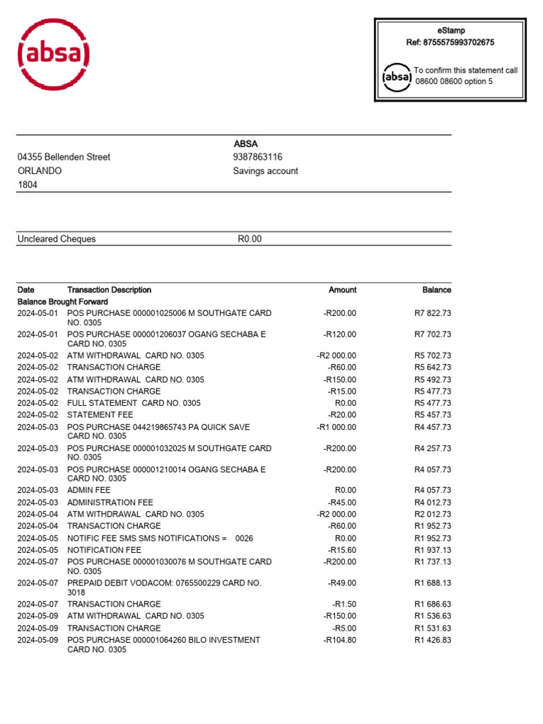 3-Months-Bank-Statement-Absa 63104622 1 63104906 63107330 | PDF | Debit ...