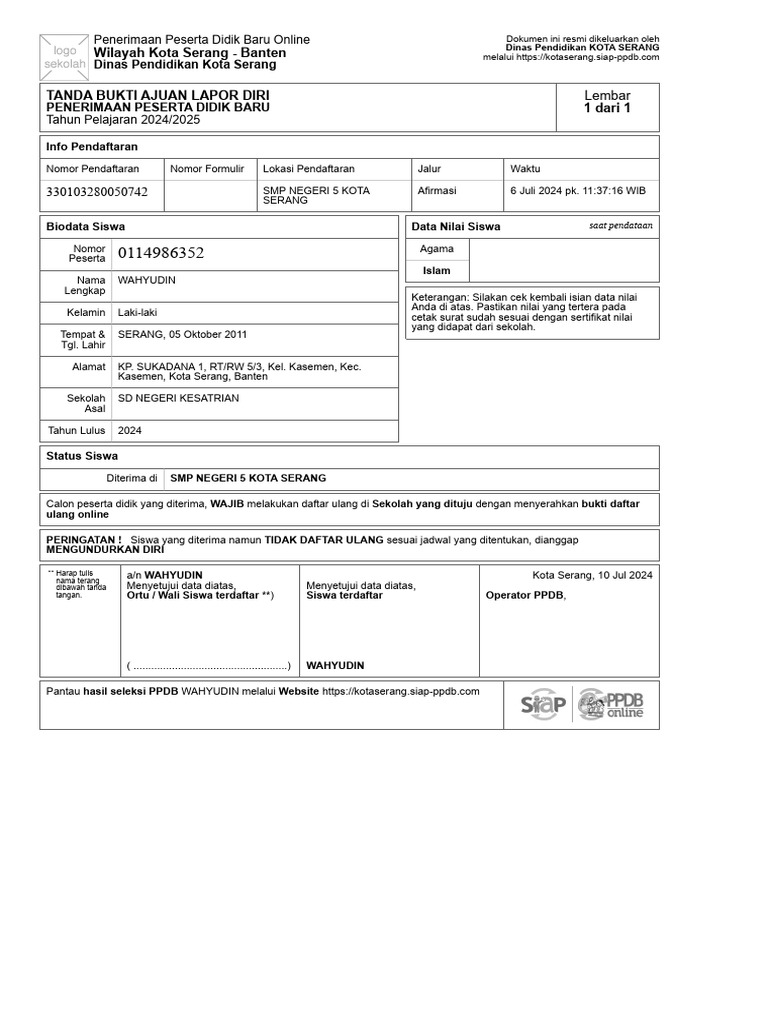 Tanda Bukti AJuan Lapor Diri - 0114986352 - WAHYUDIN | PDF