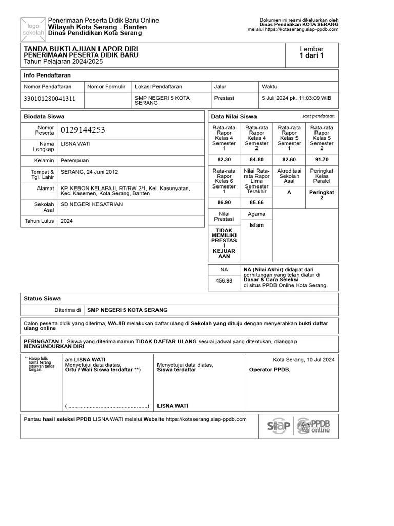 Tanda Bukti AJuan Lapor Diri - 0129144253 - LISNA WATI | PDF