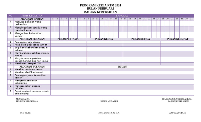Tabel Proker Kebersihan 2024 | PDF