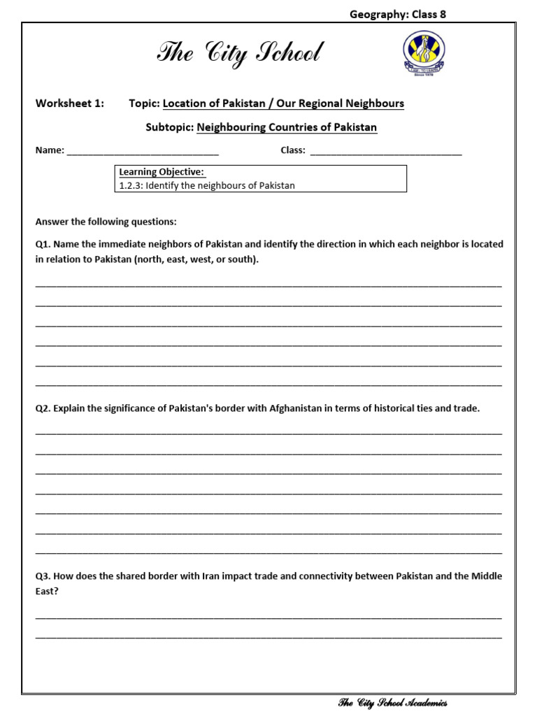 Worksheet 1-Neighbouring Countries of Pakistan | PDF