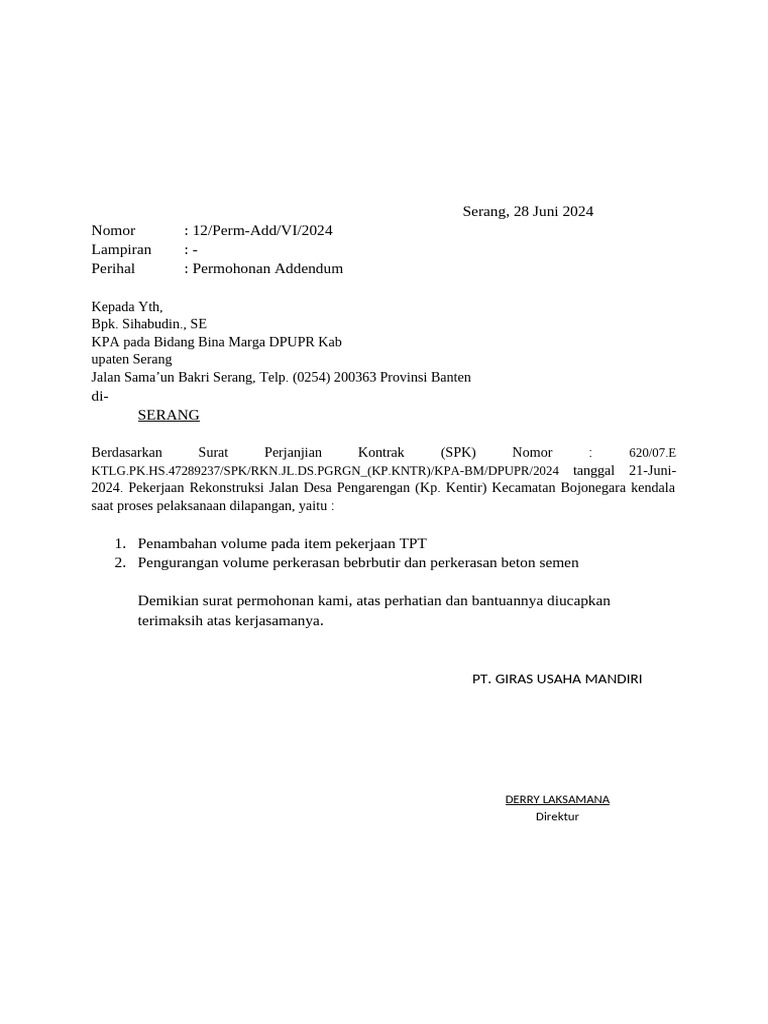 Surat Permohonan Addendum | PDF