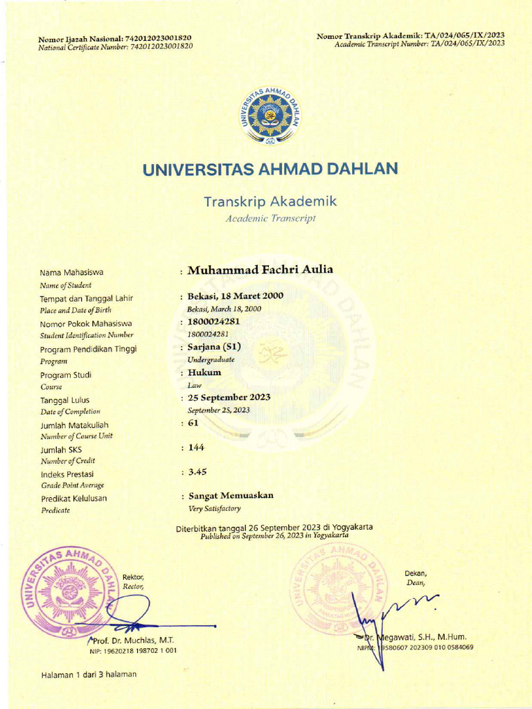 TRANSKRIP NILAI MUHAMMAD FACHRI AULIA HAL 1 | PDF