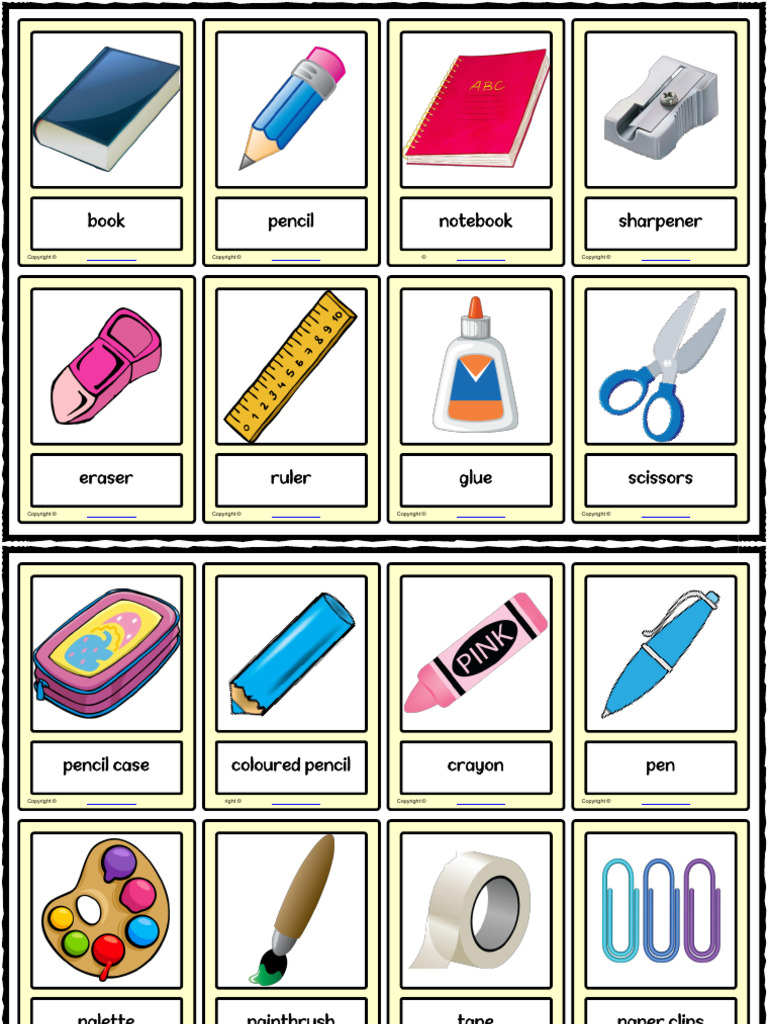 School Supplies Vocabulary Esl Printable Learning Cards For Kids | PDF