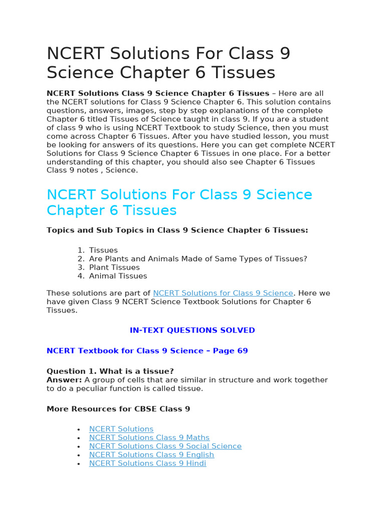 Class 9 Science Chapter 6 Tissues | PDF