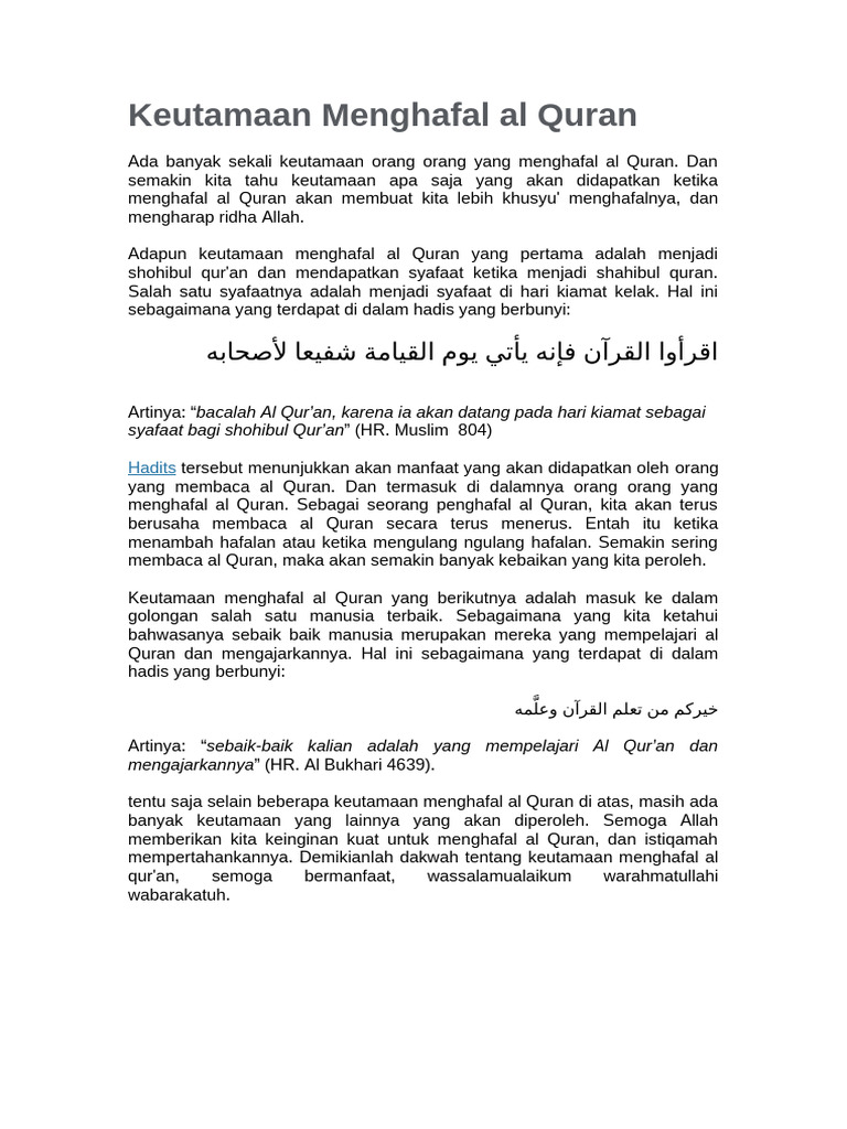 Keutamaan Menghafal Al Quran | PDF