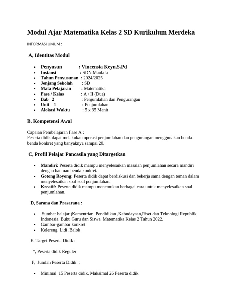 Modul Ajar Matematika Kelas 2 SD Kurikulum Merdeka | PDF
