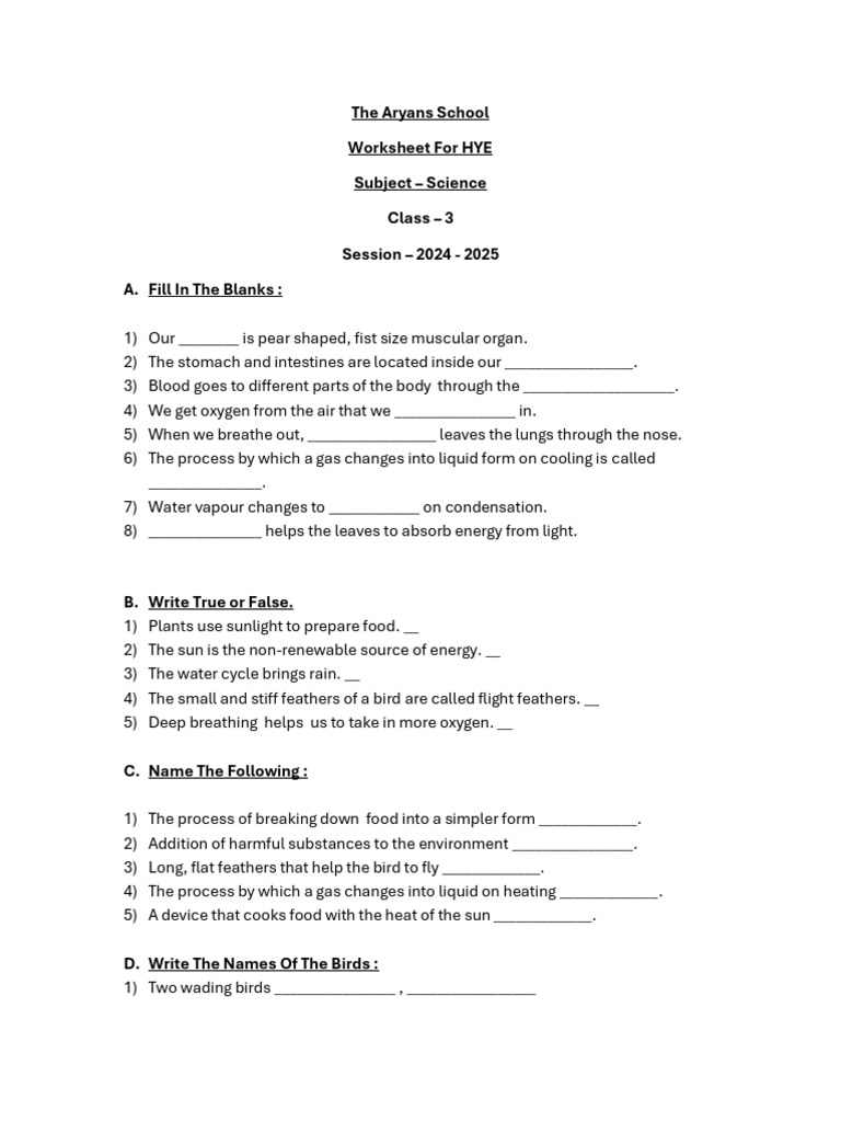 Class 3, Science Worksheet | PDF