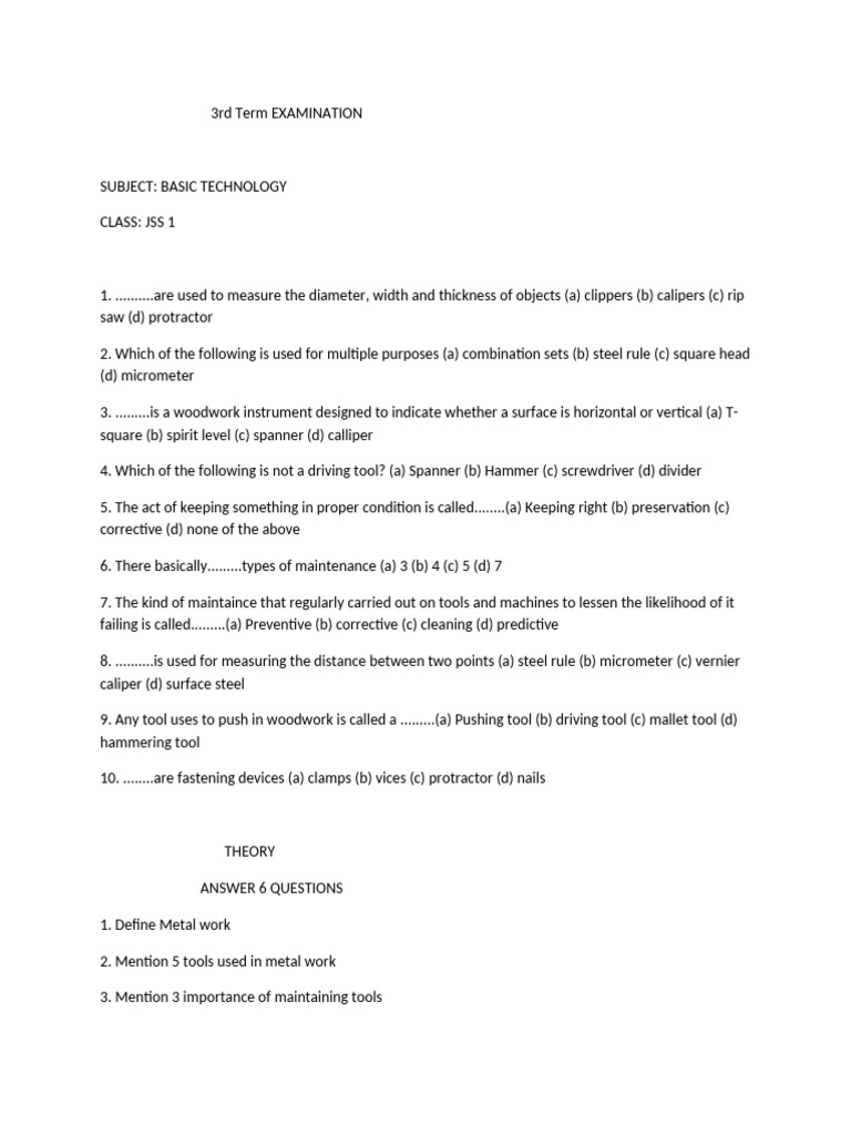 3rd Term Exams Basic Tech. Jss 1 | PDF