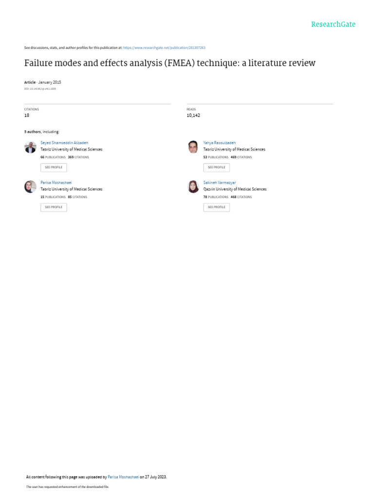 Failure Modes and Effects Analysis (FMEA) Technique: A Literature Review | PDF