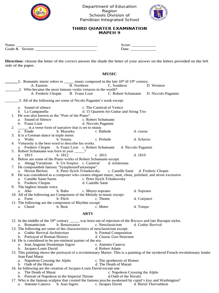 3RD Periodical Exam Mapeh9 | PDF | Frédéric Chopin