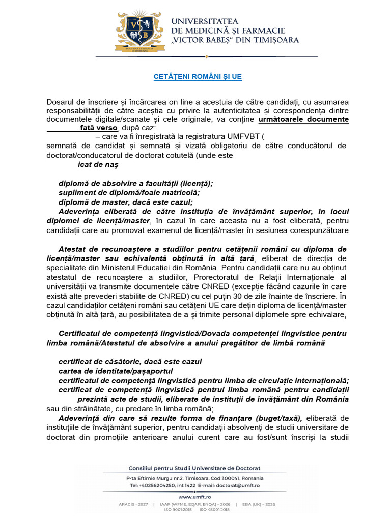 Acte Inscriere Concurs Admitere Cetateni RO Si UE Admitere Doctorat ...