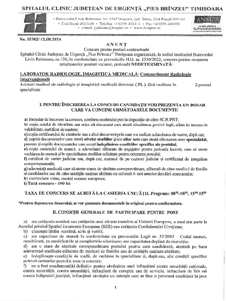 Anunt Concurs Posturi Contractuale - August 2024 | PDF