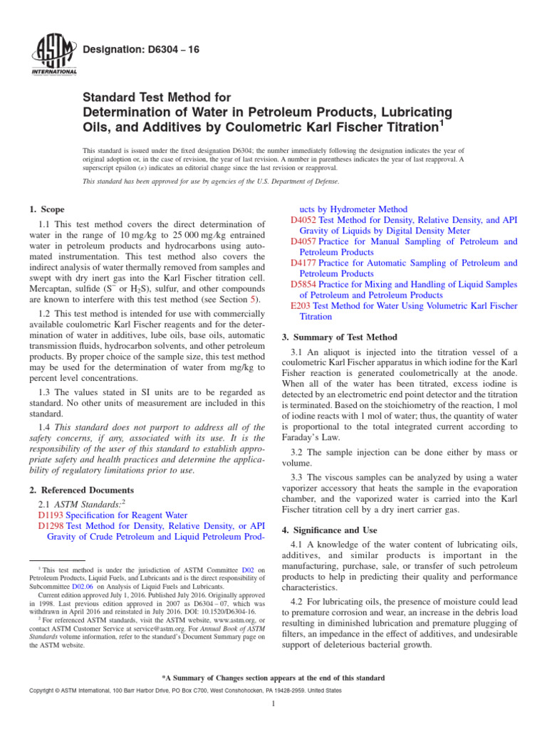 ASTM D6304-16 Water in Petrol Product, Lube Oils and Additive by ...