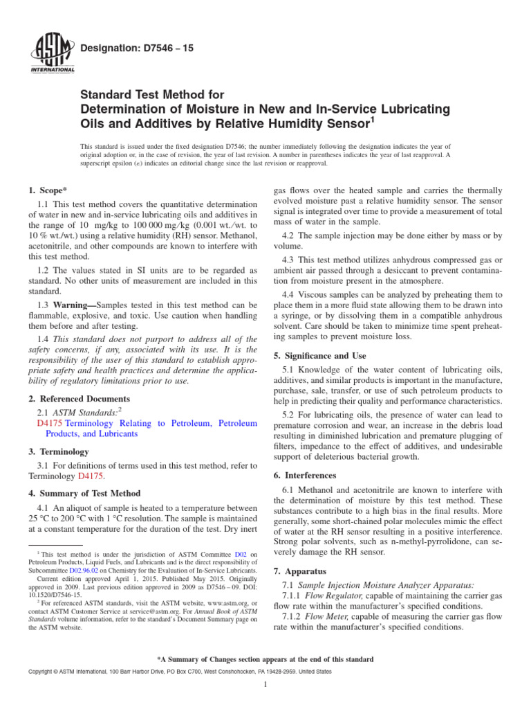 ASTM D7546 Moisture in New and In-Service Lubricating Oil and Additives ...
