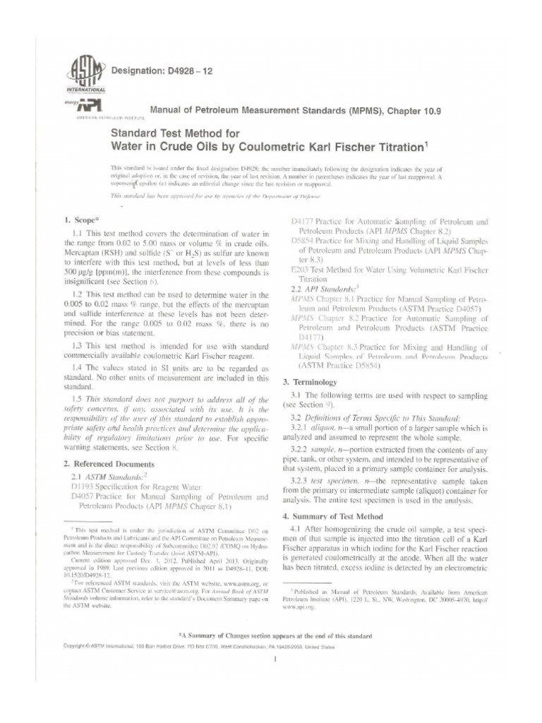 ASTM D4928-12 Water in Crude Oils by Coulometric Karl Fischer Titration ...