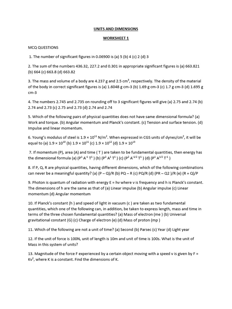 Units and Dimensions - Worksheet 1 | PDF