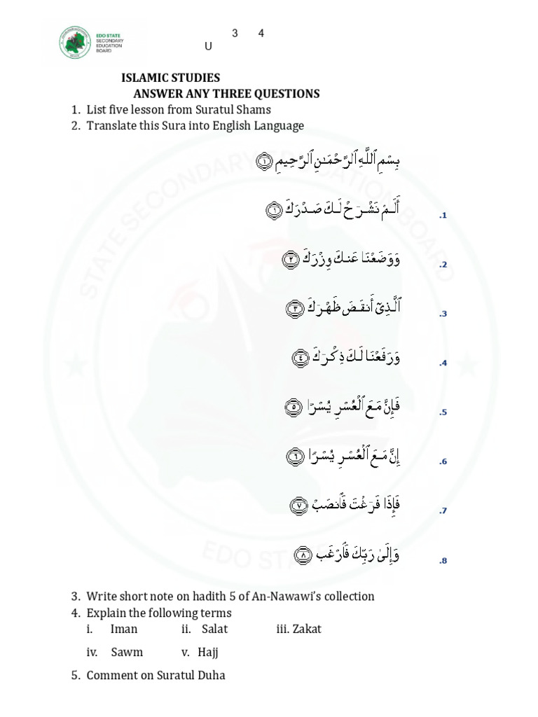 Islamic Religious Studies SS 1 3RD Term Ca - Test | PDF