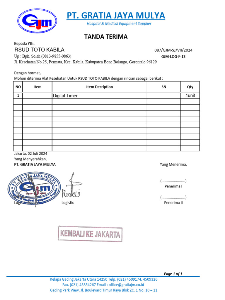 Pt. Gratia Jaya Mulya: Tanda Terima | PDF