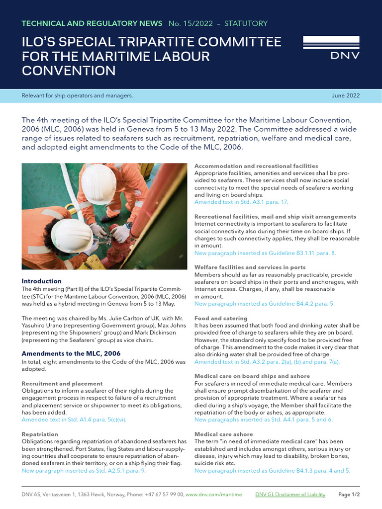 DNV TRN No15 - 2022 - ILO's Special Tripartite Committee For The Maritime Labour Convention | PDF
