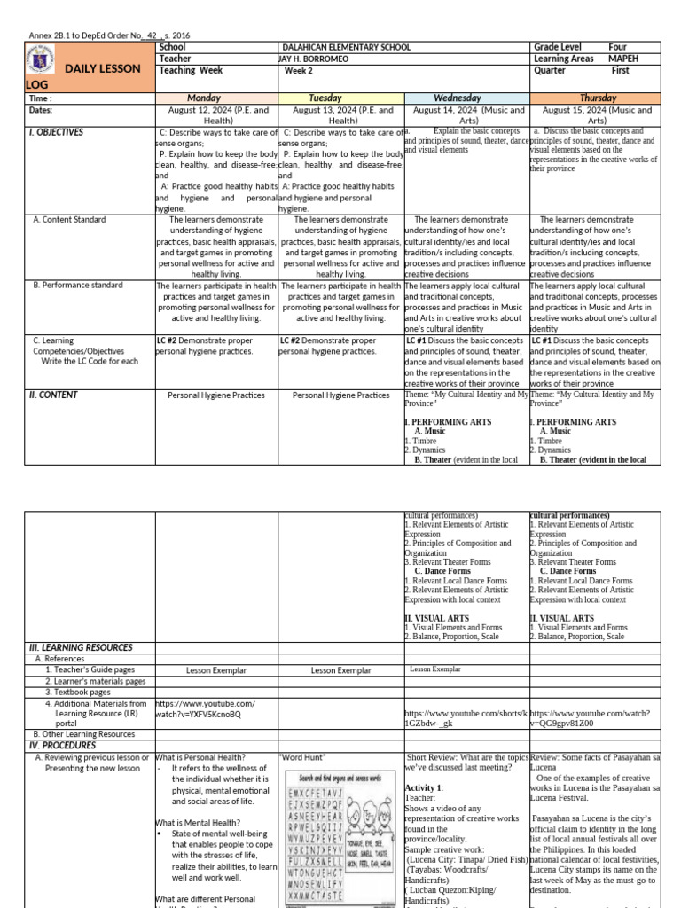 DLL Mapeh - Matatag Week2 | PDF