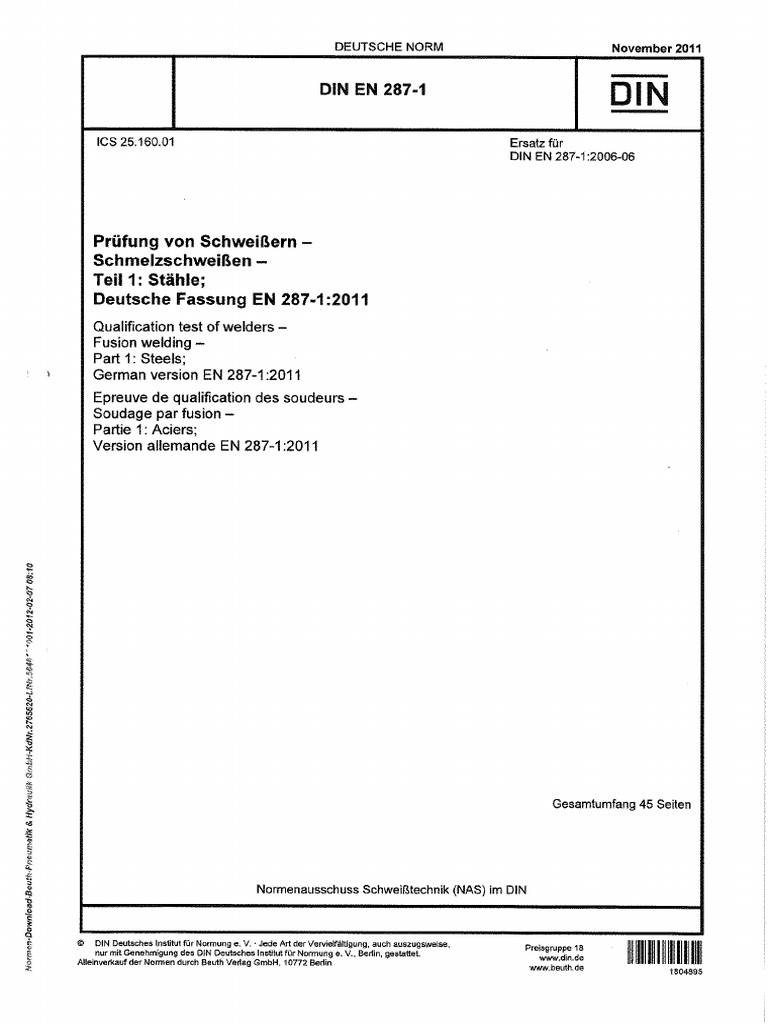 DIN EN 287-1 Prüfung Von Schweißern-Schmelzschweißen | PDF