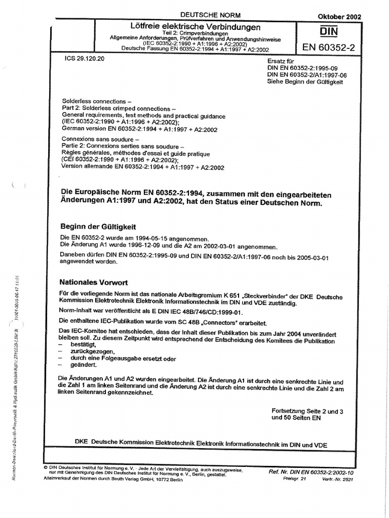 DIN EN 60352-2 2002 Lötfreie Elektrische Verbindungen | PDF