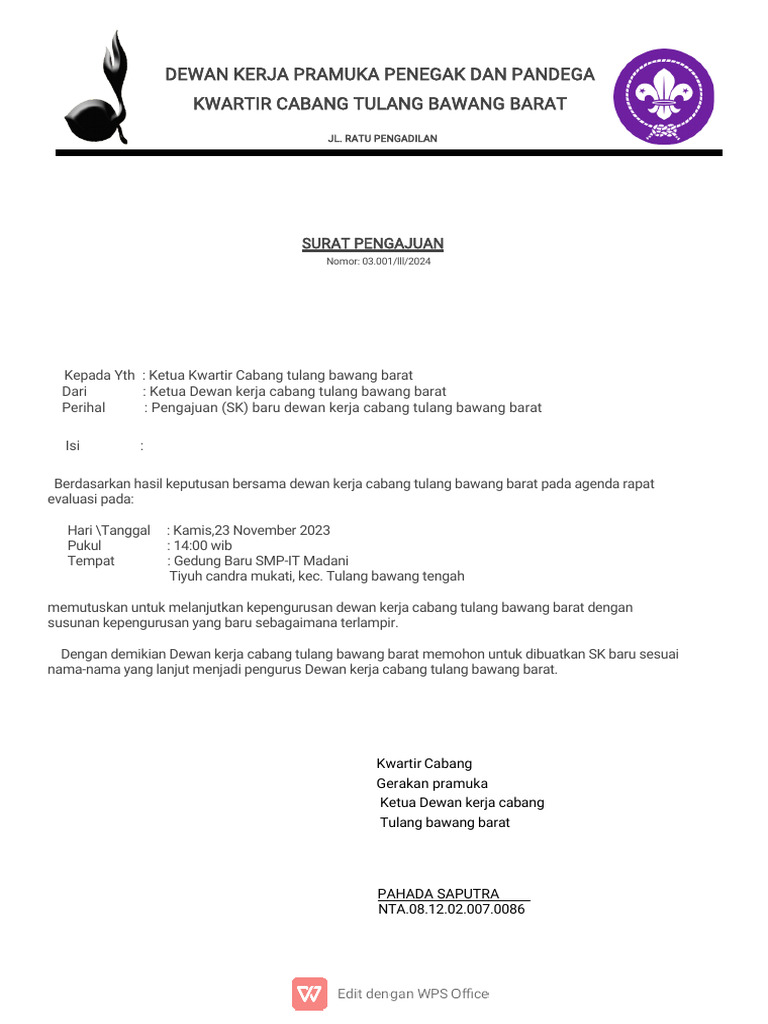 Surat Pengajuan SK DKC Tubaba | PDF