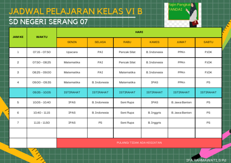 Hijau Bergaris Tabel Jadwal Pelajaran Sekolah Dasar Kelas VI - 20240726 ...
