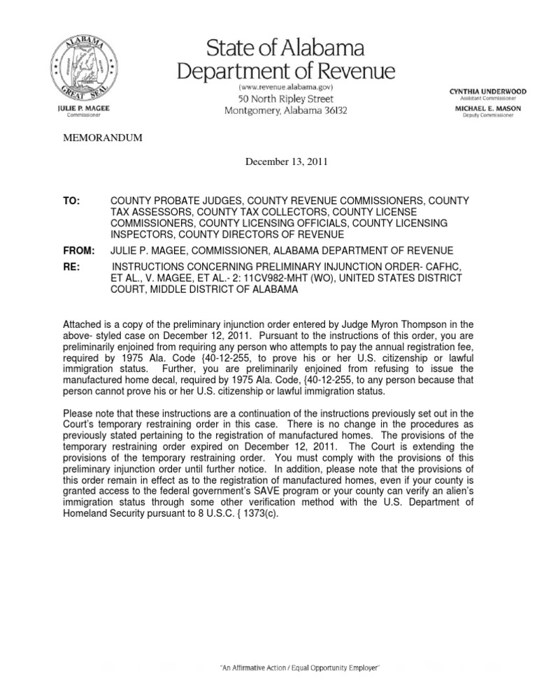 Alabama Dep't of Revenue - Memo Re Preliminary Injunction (12/13/11) | PDF | Restraining Order ...